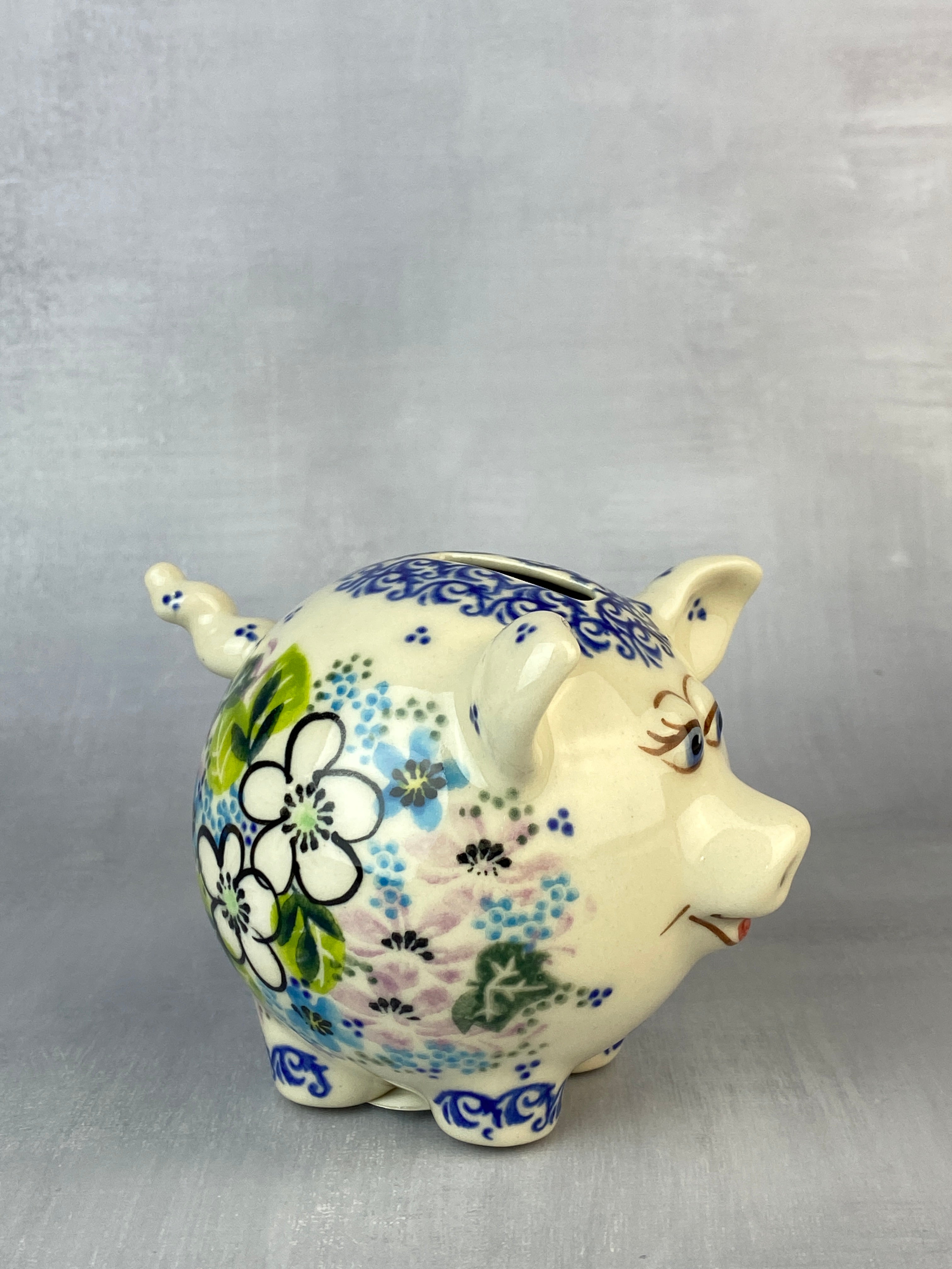 Vena Piggy Bank - Shape V371 - White Flowers – Polish Pottery Westlake